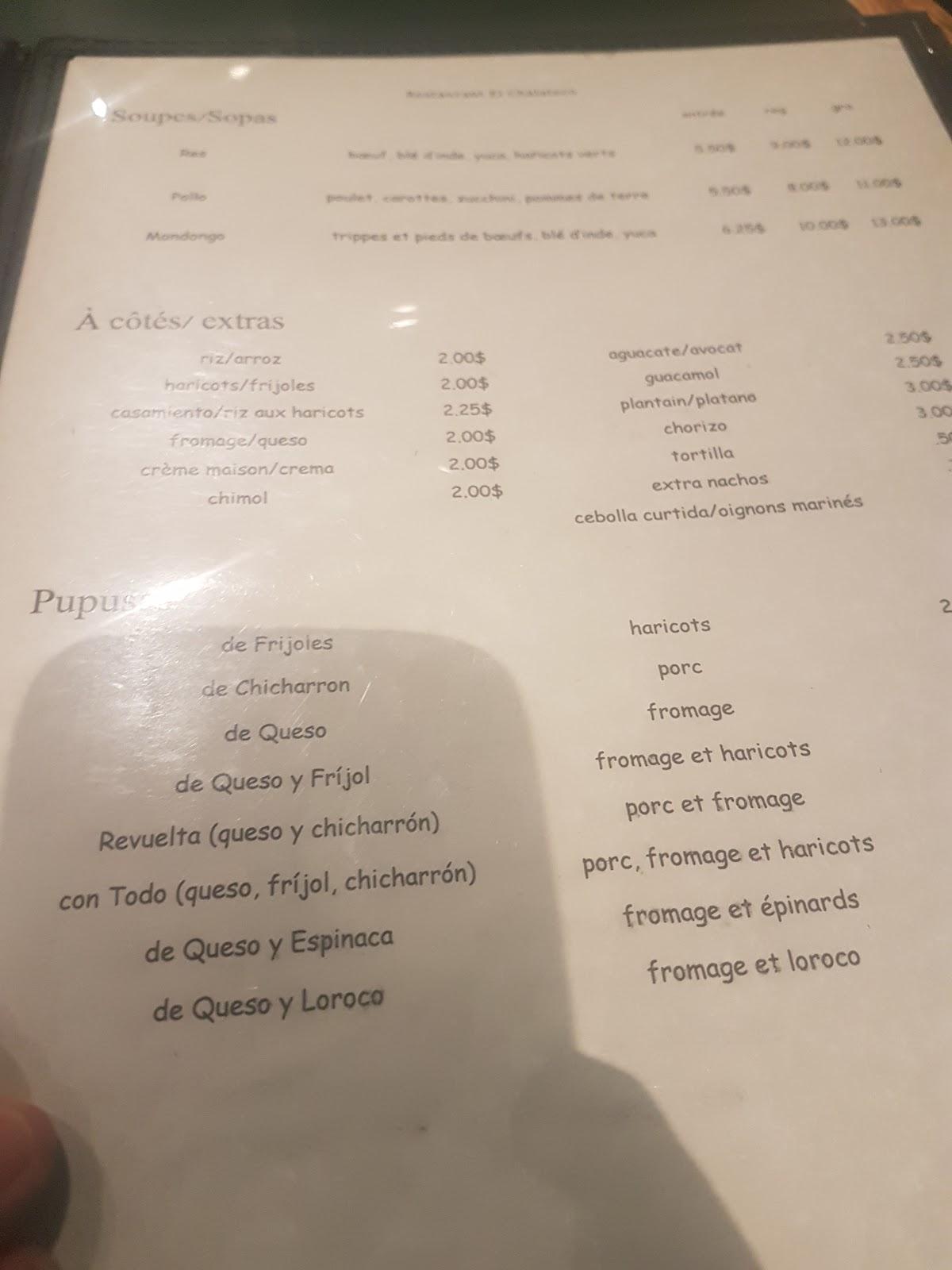 Menu at Restaurant El Chalateco, Montréal