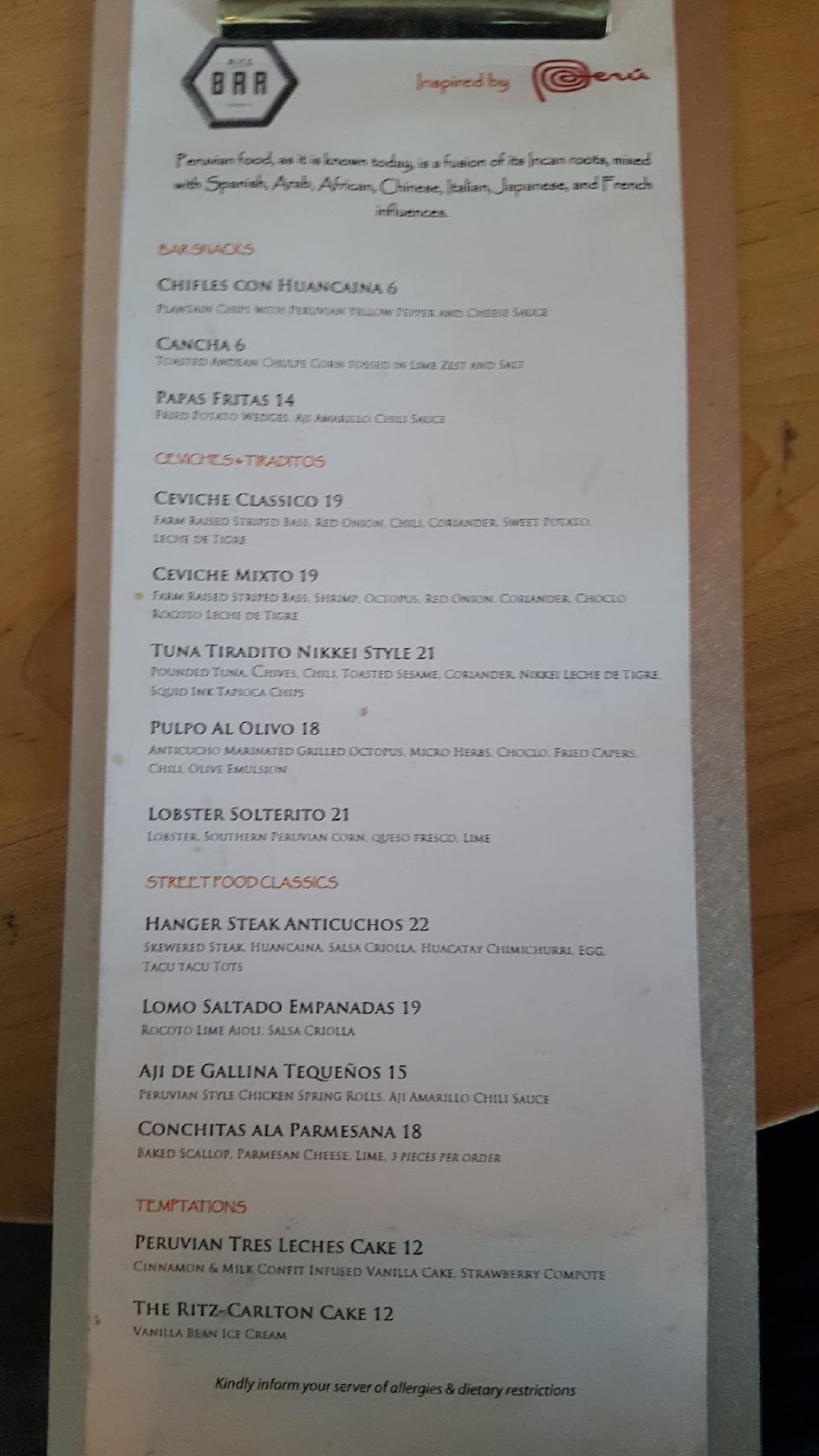 Menu at Ritz Bar, Toronto, 181 Wellington St W
