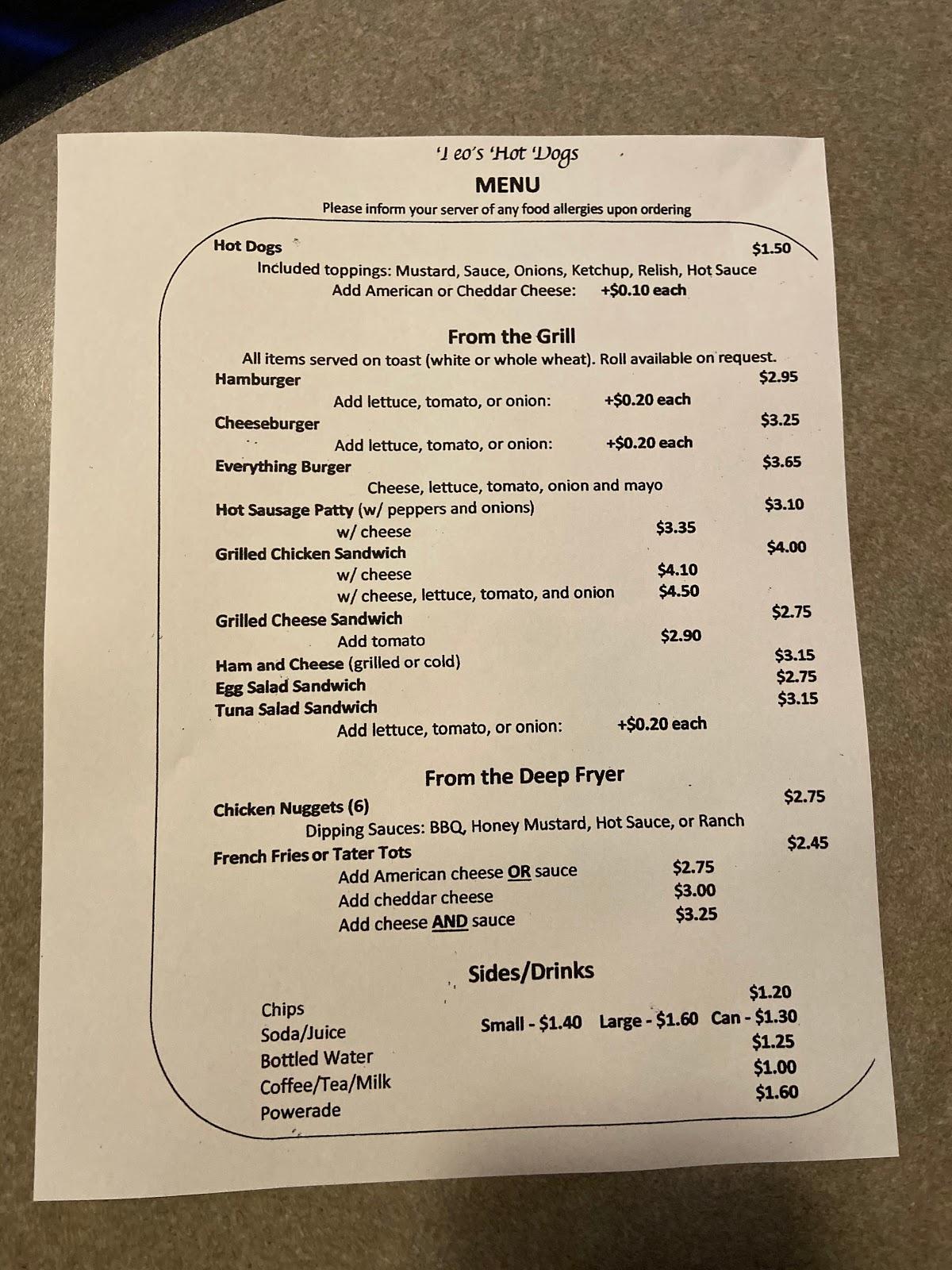 Carta del pub y bar Teo's, Pittsfield