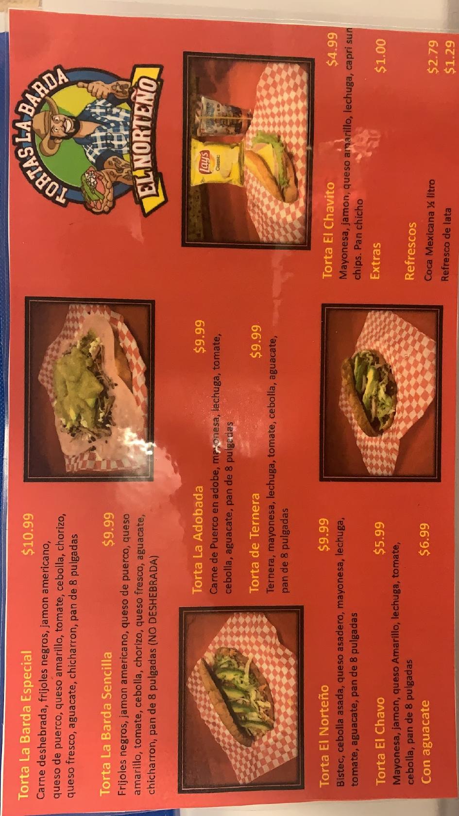 Menu at Tortas La Barda El Norteño, McAllen