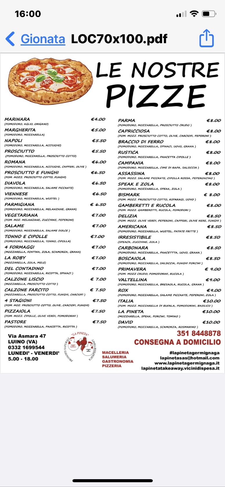 Menu da La pineta take away pizzeria, Luino