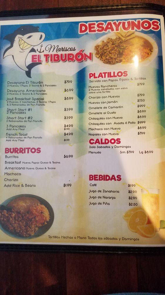 Menu at Mariscos El Tiburon restaurant, National City