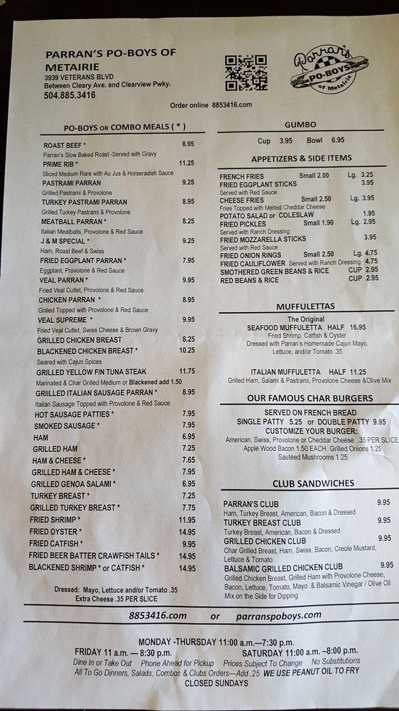 Menu at Parran's Po-Boys & Restaurant, Metairie, Veterans Blvd