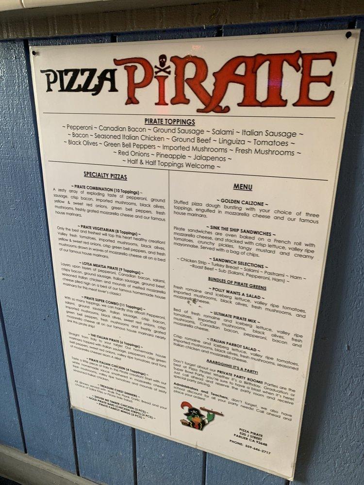 Menu at Pizza Pirate pizzeria, Parlier