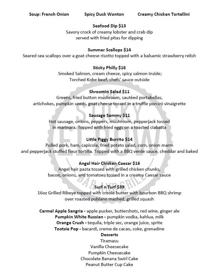 Menu at The Sticky Elbow restaurant, Williamsport
