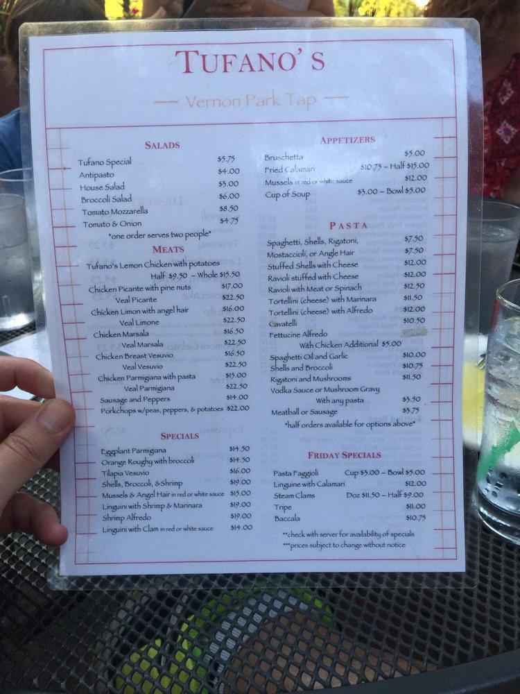 Menu at Tufano's Vernon Park Tap restaurant, Chicago