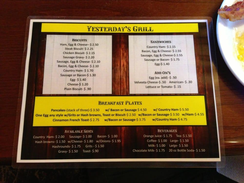 Menu at Yesterday's Grill restaurant, Snow Camp