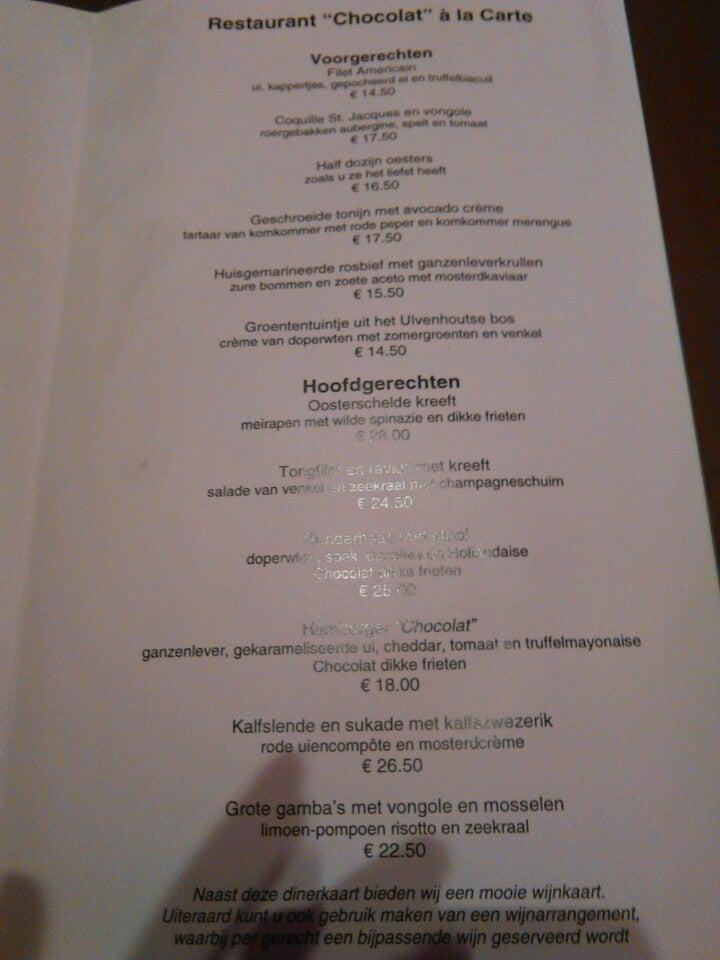 Menu at restaurant Chocolat, Breda
