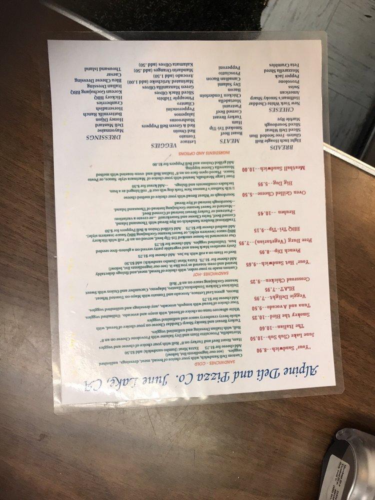 Menu at Alpine Deli pizzeria, June Lake