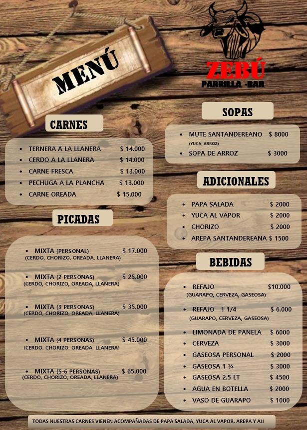 Menu at CARNE A LA LLANERA RANCHO-PARRILLA ZEBÚ, Colombia