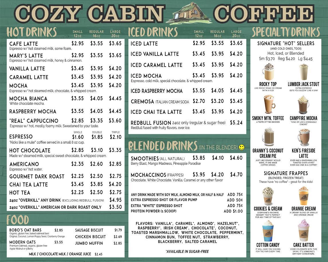Menu at Cozy Cabin Coffee pub & bar, Pulaski
