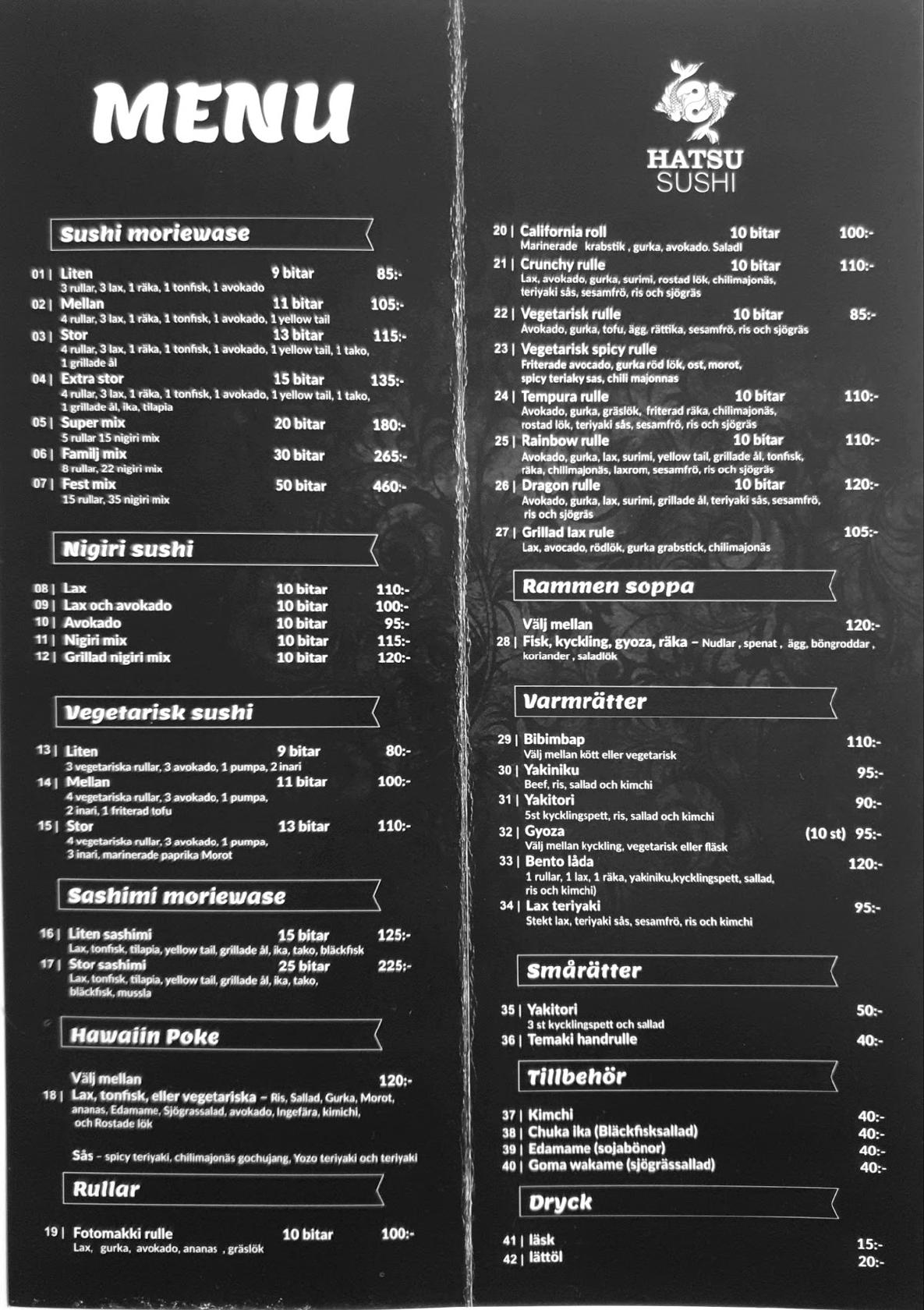 Menu at Hatsu Sushi restaurant, Uppsala