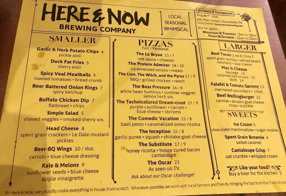 Menu at Here & Now Brewing Company restaurant, Honesdale