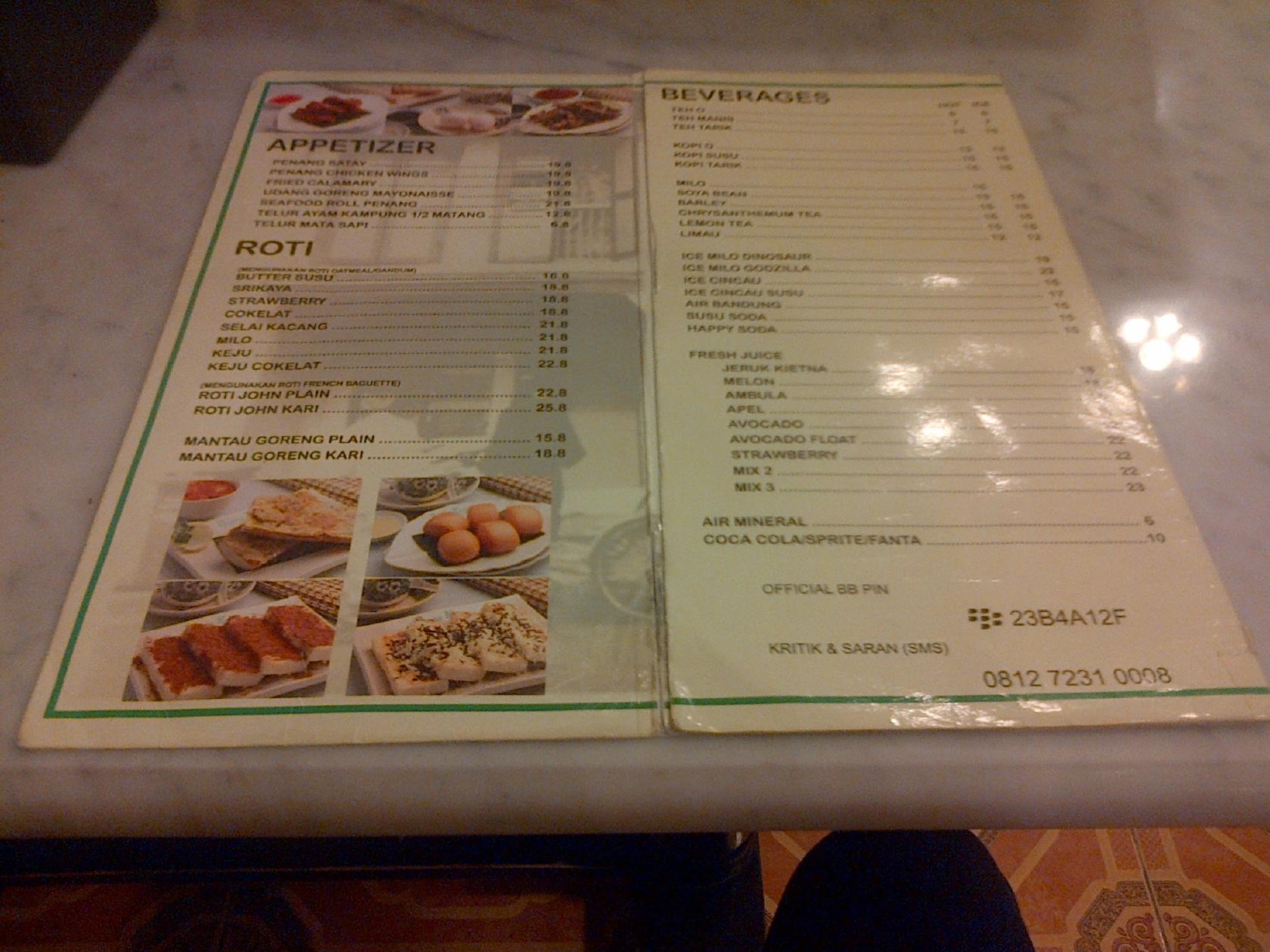 Menu at Penang Cafe, Palembang