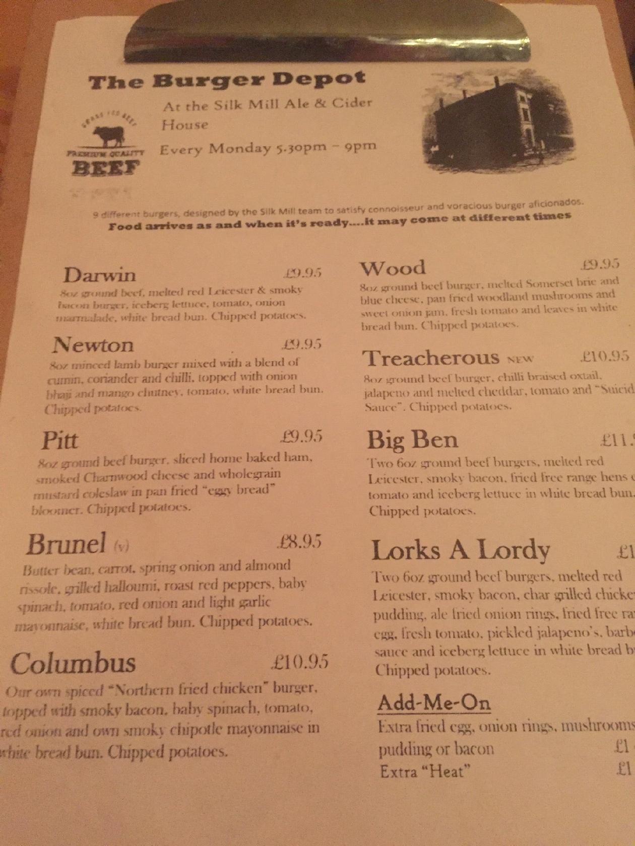 Menu at The Silk Mill pub & bar, Derby