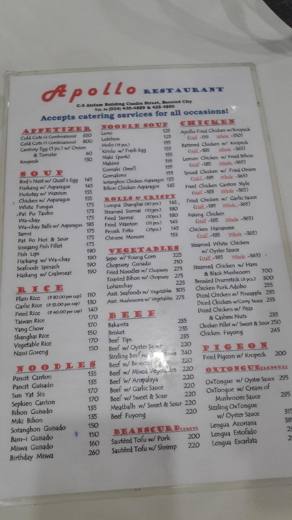 Menu at Apollo Restaurant - Rizal-Locsin, Bacolod, Rizal Locsin St