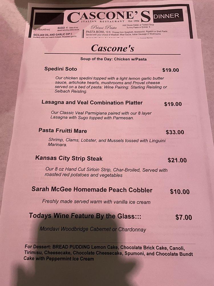 Menu at Cascone's restaurant, Kansas City, N Oak Trafficway