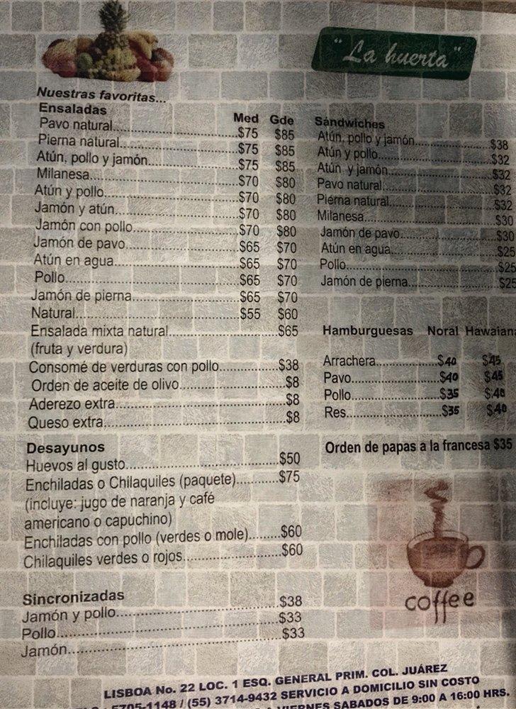 Menu at La Huerta restaurant, Mexico City, Calle Lisboa 22