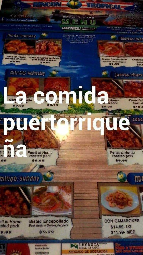 Menu at Rincon Tropical restaurant, Detroit, Michigan Ave