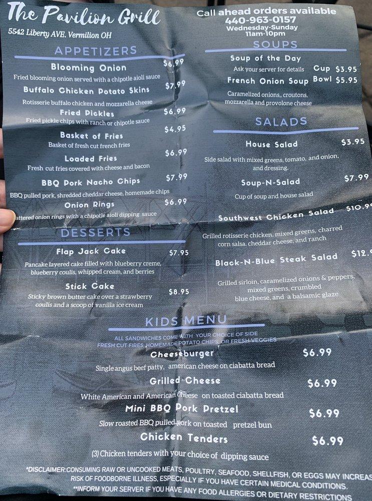 Menu at The Pavilion Grill restaurant, Vermilion