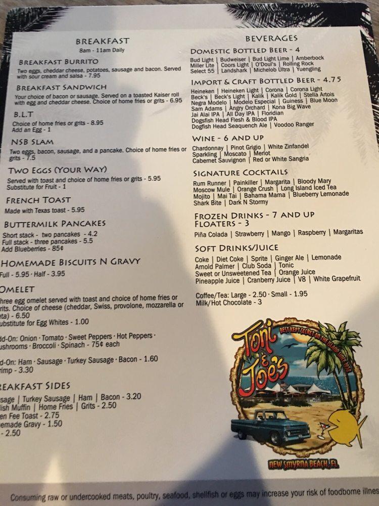 Menu at Toni & Joe's Patio pub & bar, New Smyrna Beach