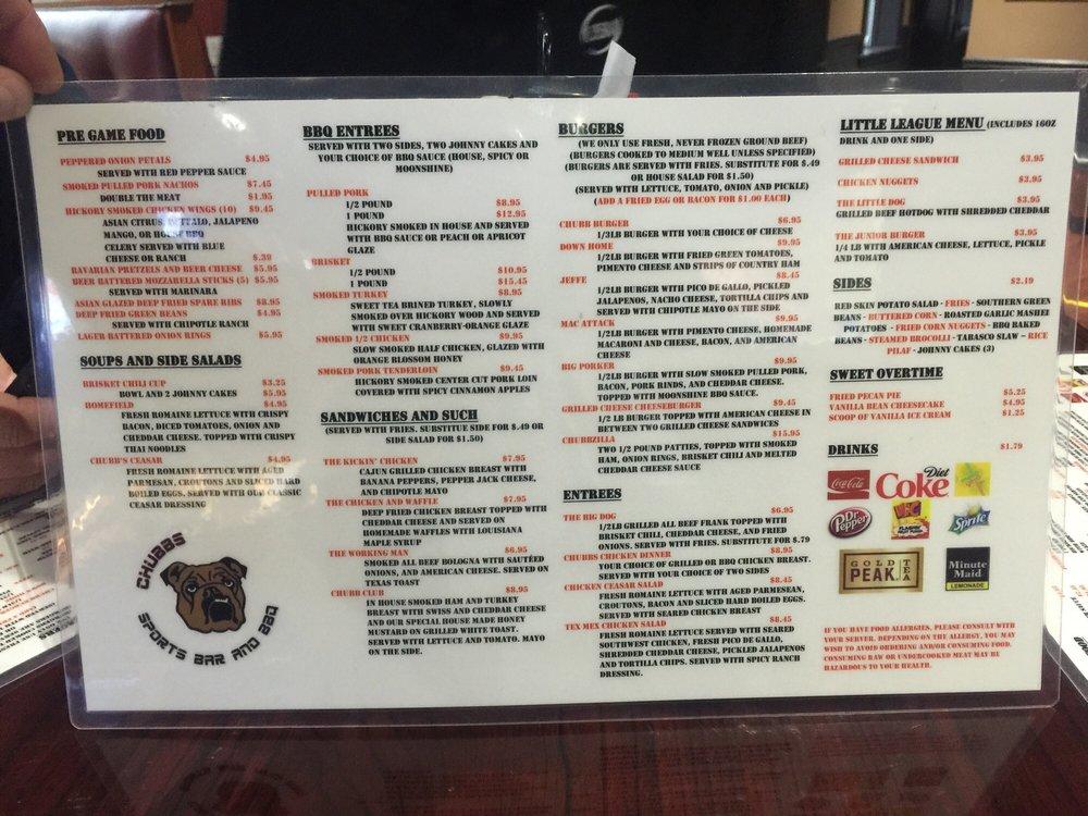 Menu at Chubb's Smokehouse pub & bar, Gallatin