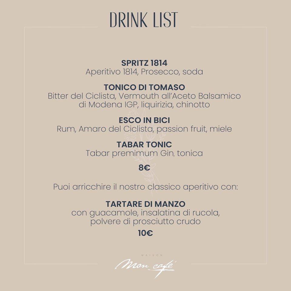 Menu at Mon Cafè restaurant, Modena