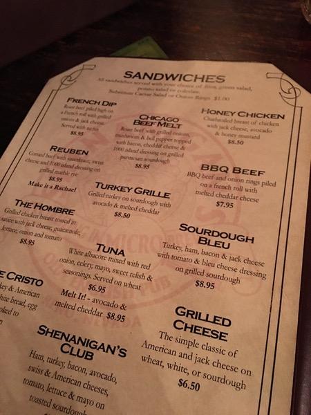Menu at Shenanigan's pub & bar, Reno