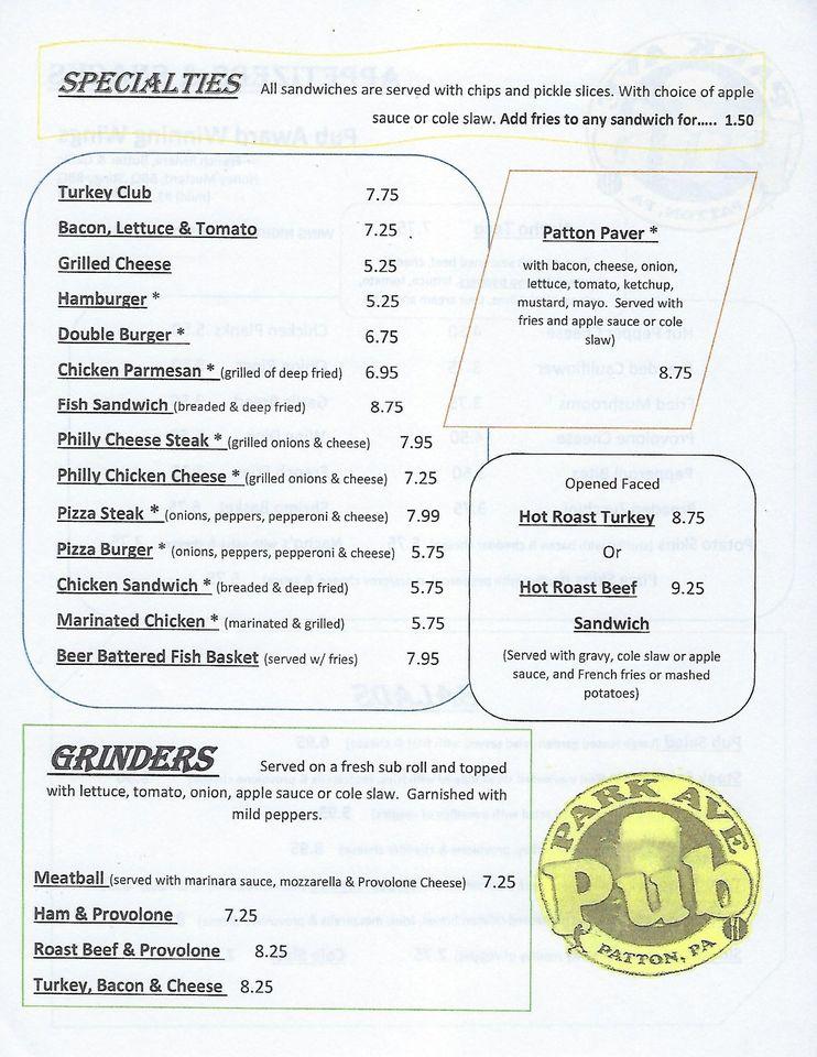 Menu at The Park Avenue Pub, Patton
