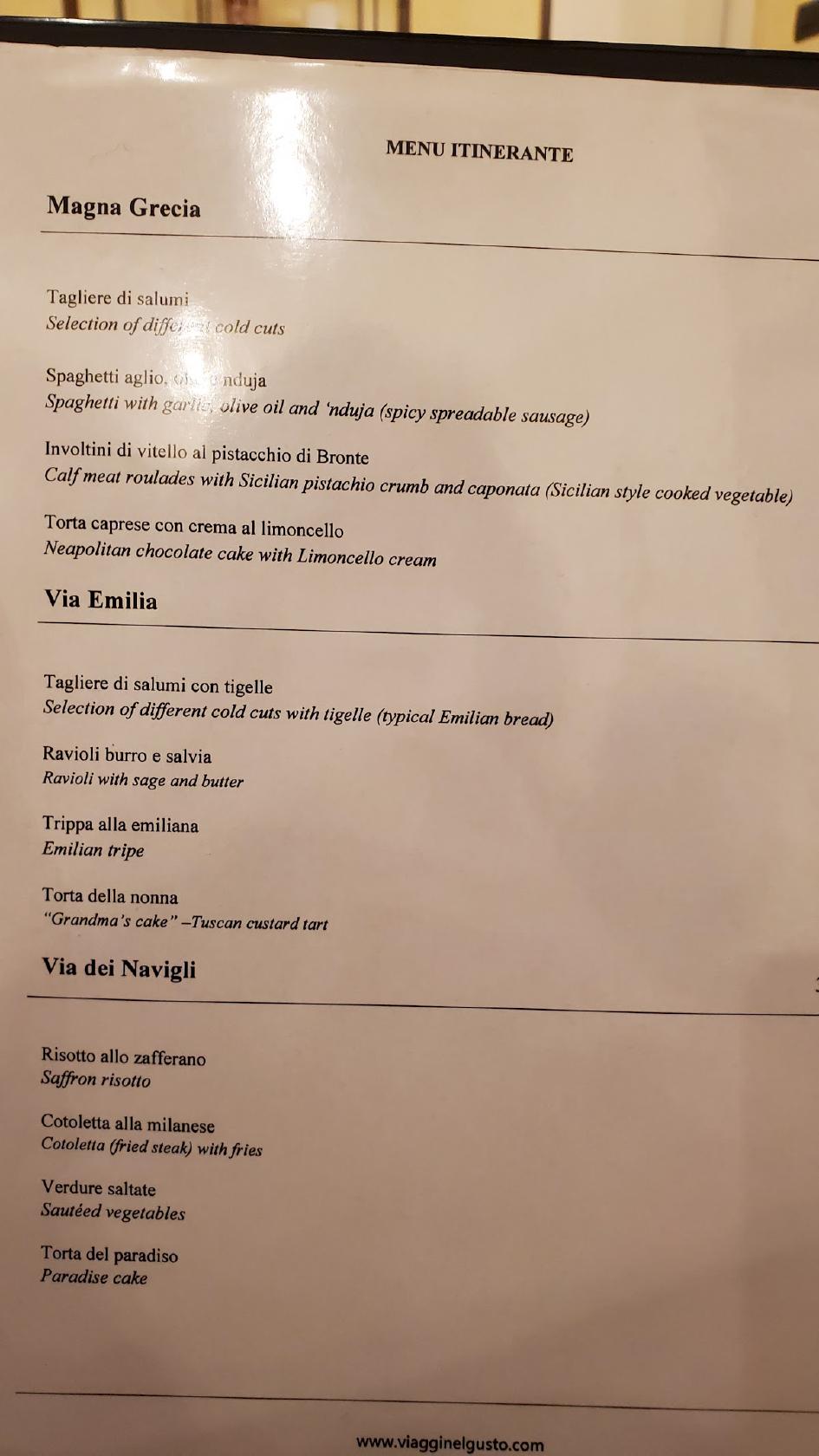 Menu at Viaggi nel Gusto restaurant, Milan