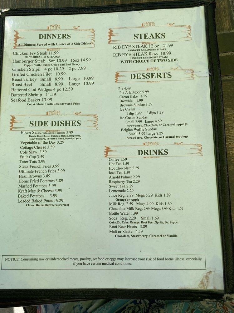 Menu at Western Sky's Family Diner restaurant, Wheatland