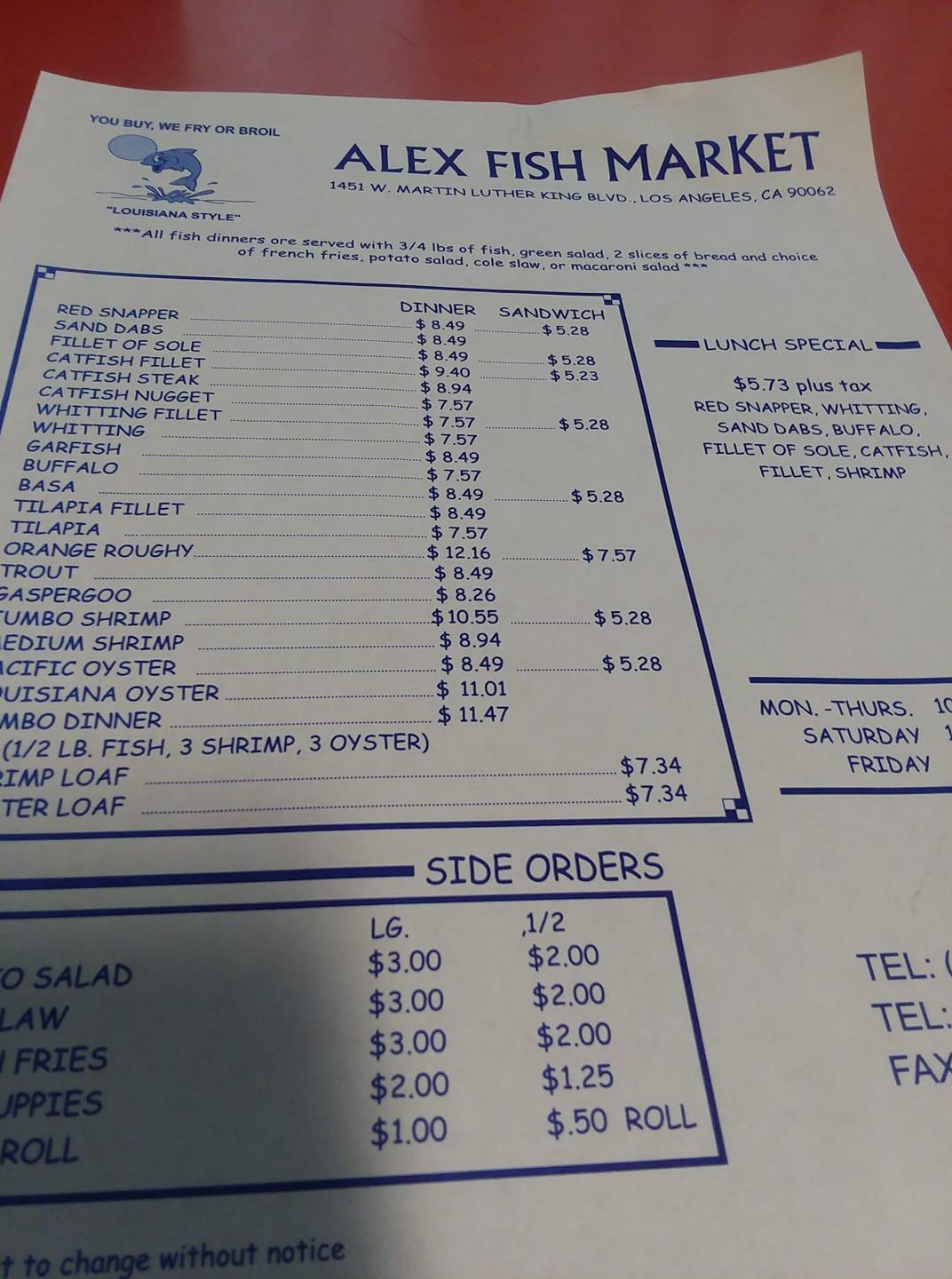 Menu at Alex Fish Market pub & bar, Los Angeles