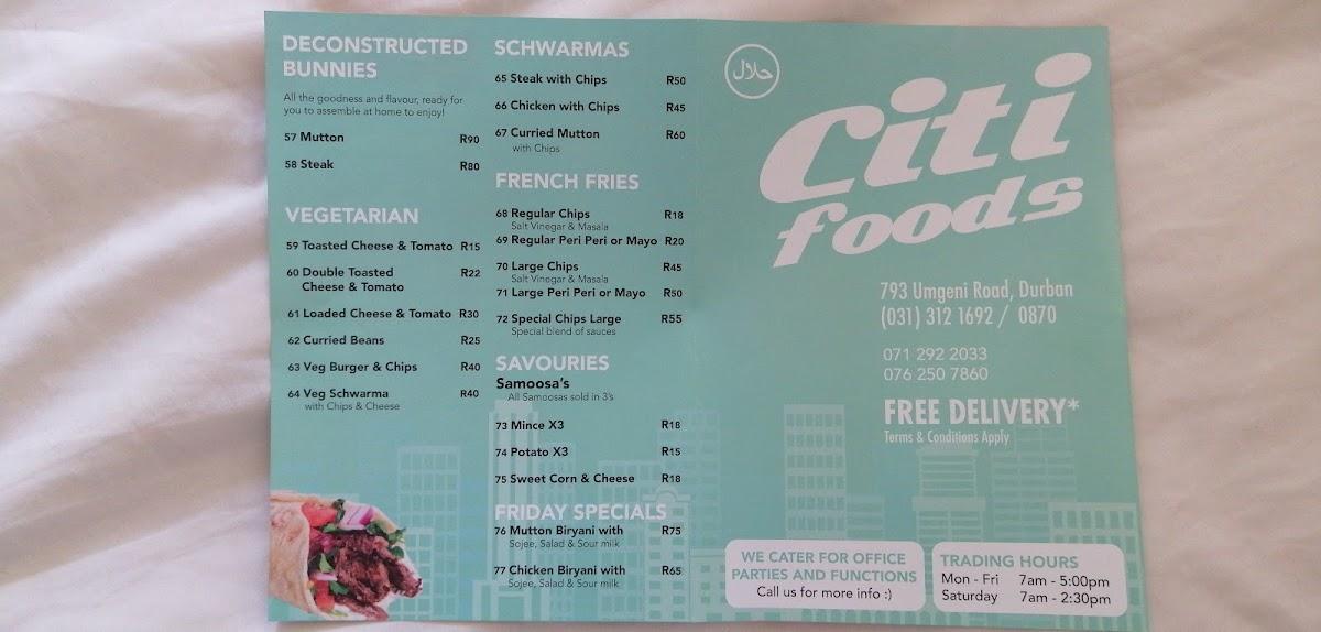 Menu at Citi Foods restaurant, Durban