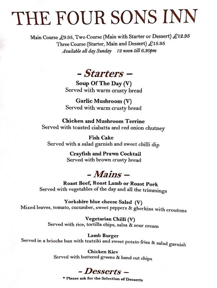Menu at The Four Sons Inn pub & bar, Huddersfield