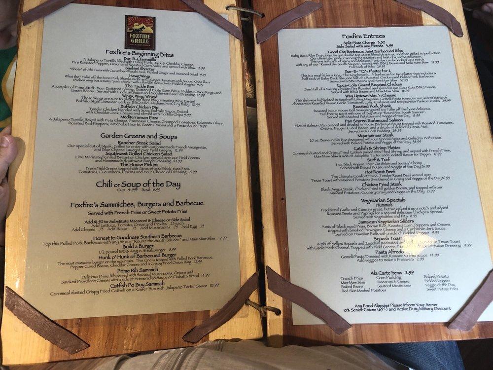 Menu at Foxfire Grille pub & bar, Snowshoe