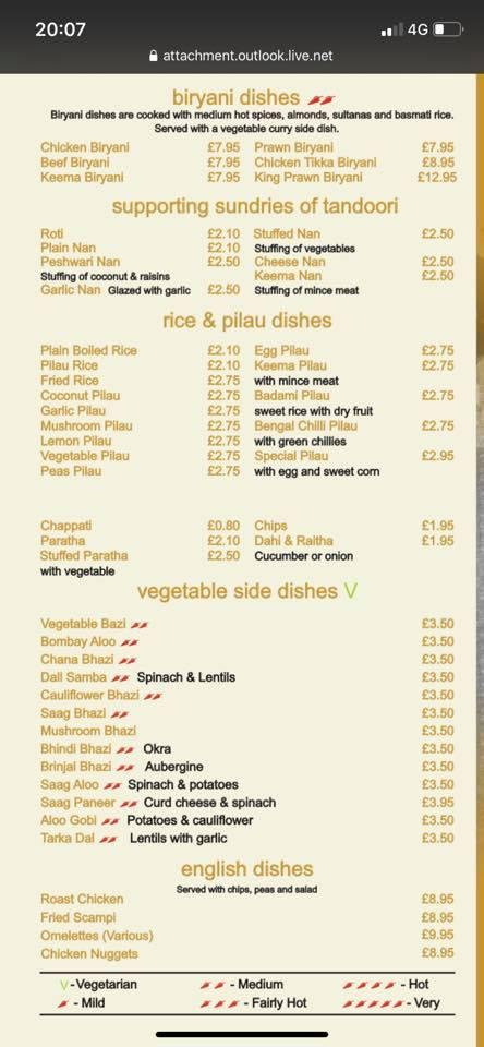 Menu at Haworth Tandoori restaurant, Haworth