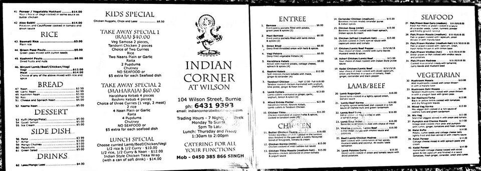 Menu at Indian Corner at Wilson restaurant, Burnie