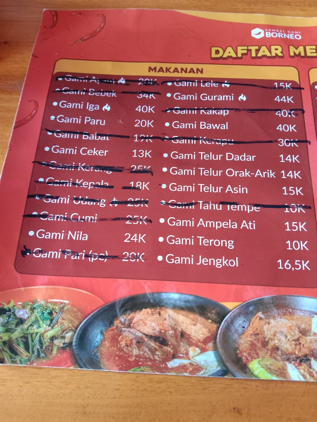 Menu at Sambal Gami Borneo restaurant, Kudus