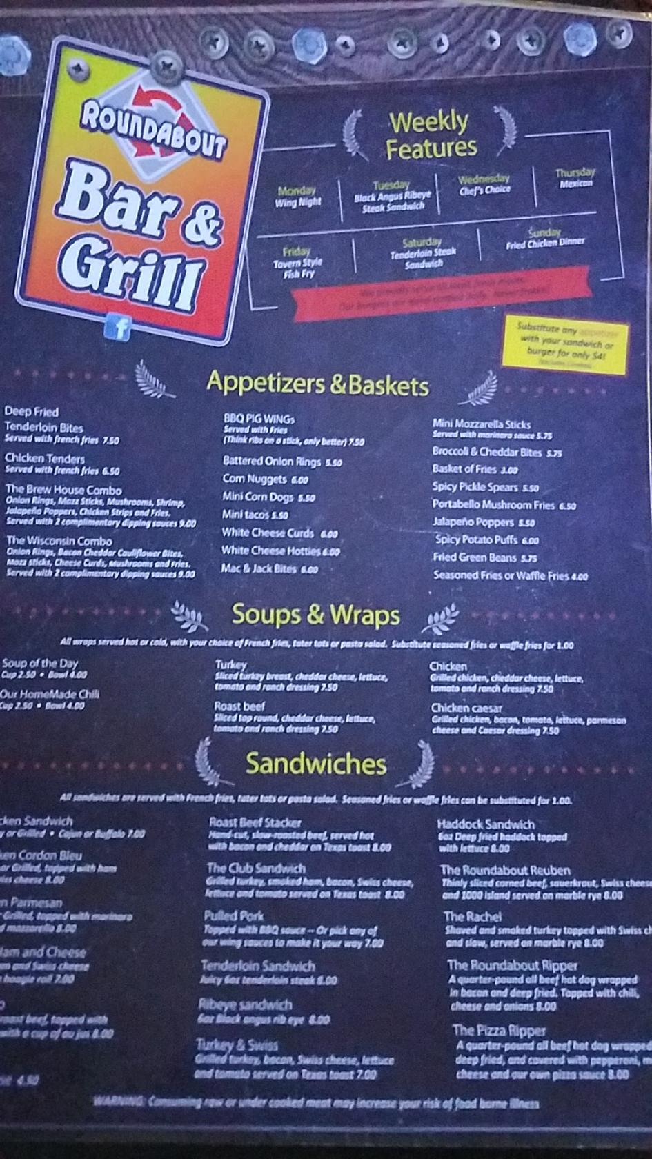 Menu at The Roundabout Bar & Grill, Kaukauna