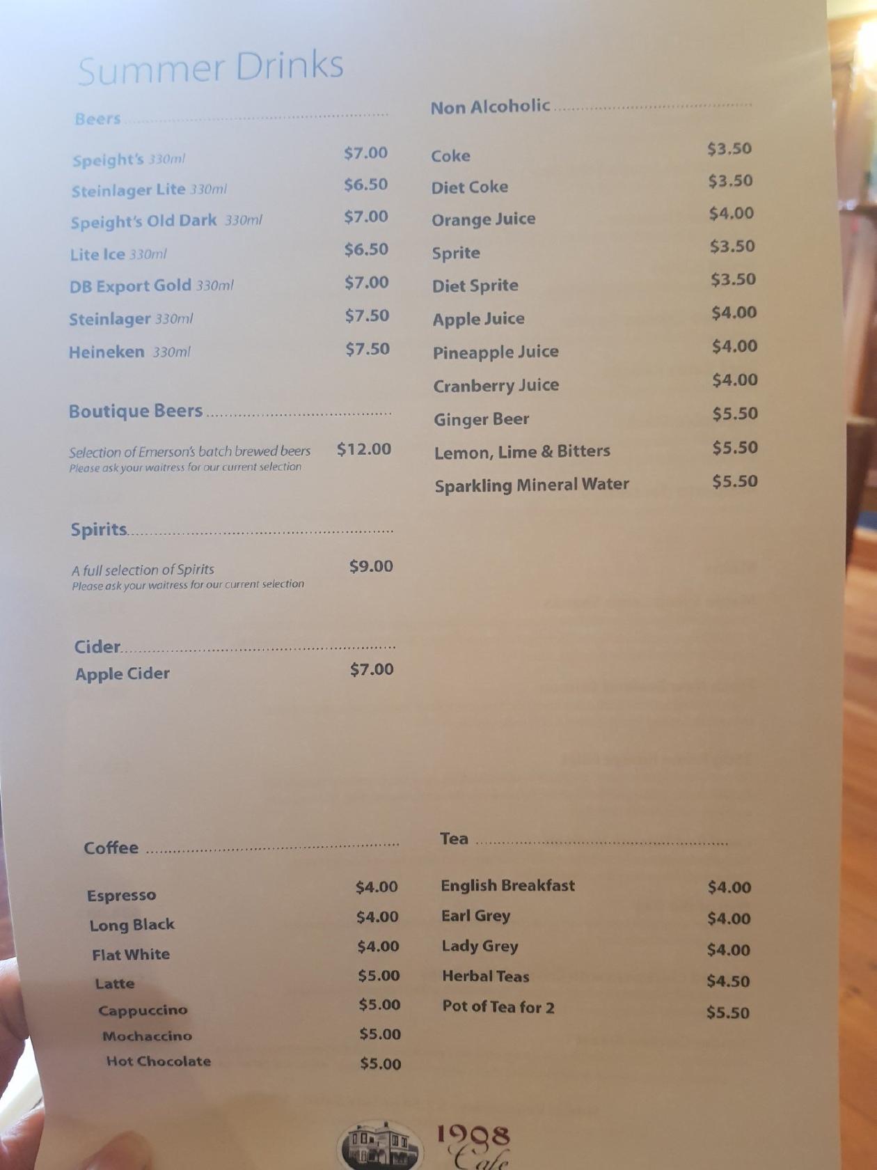 Menu at 1908 Restaurant, Dunedin