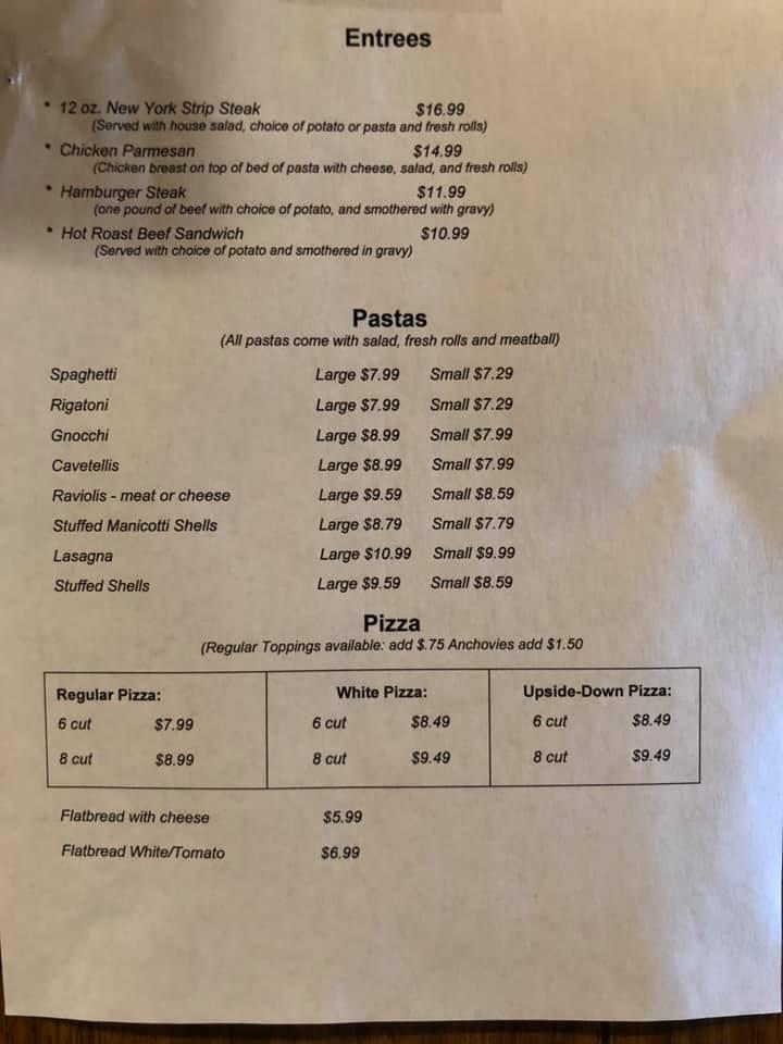 Menu at Arch Cafe, Connellsville