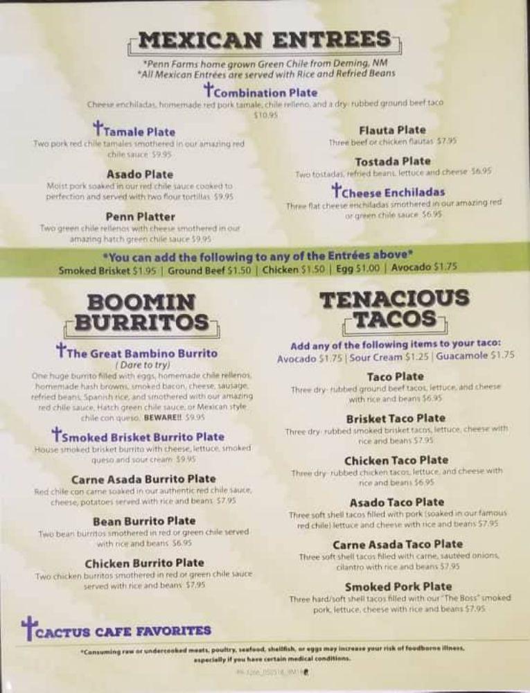 Menu at Cactus Cafe, Deming