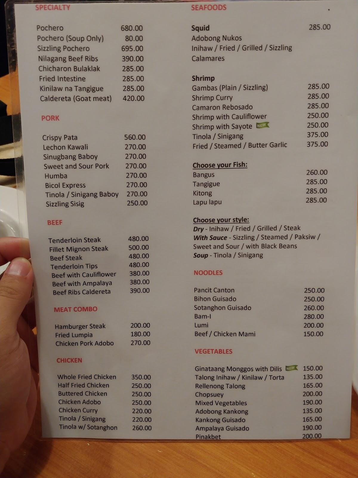Menu at Kusina Clasica restaurant, Cebu City, GND Building