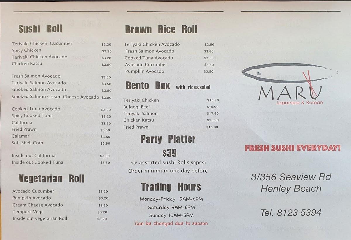Menu at Maru Japanese and Korean restaurant, Henley Beach