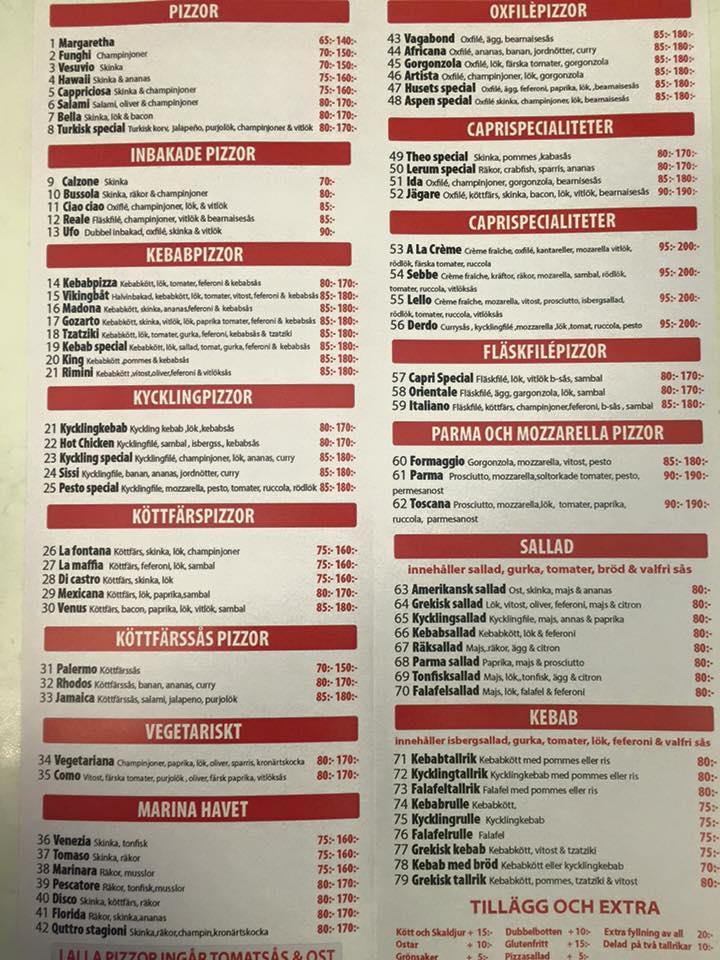 Menu at Pizzeria Capri, Lerum