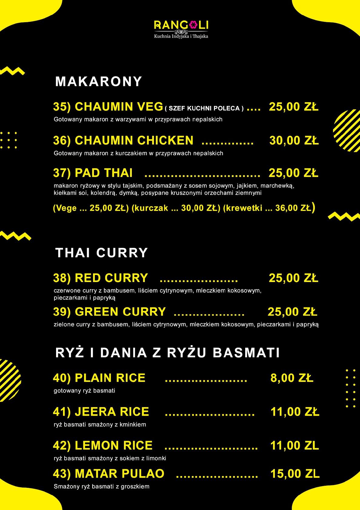 Menu at Rangoli kuchnia Indyjska restaurant, Warsaw