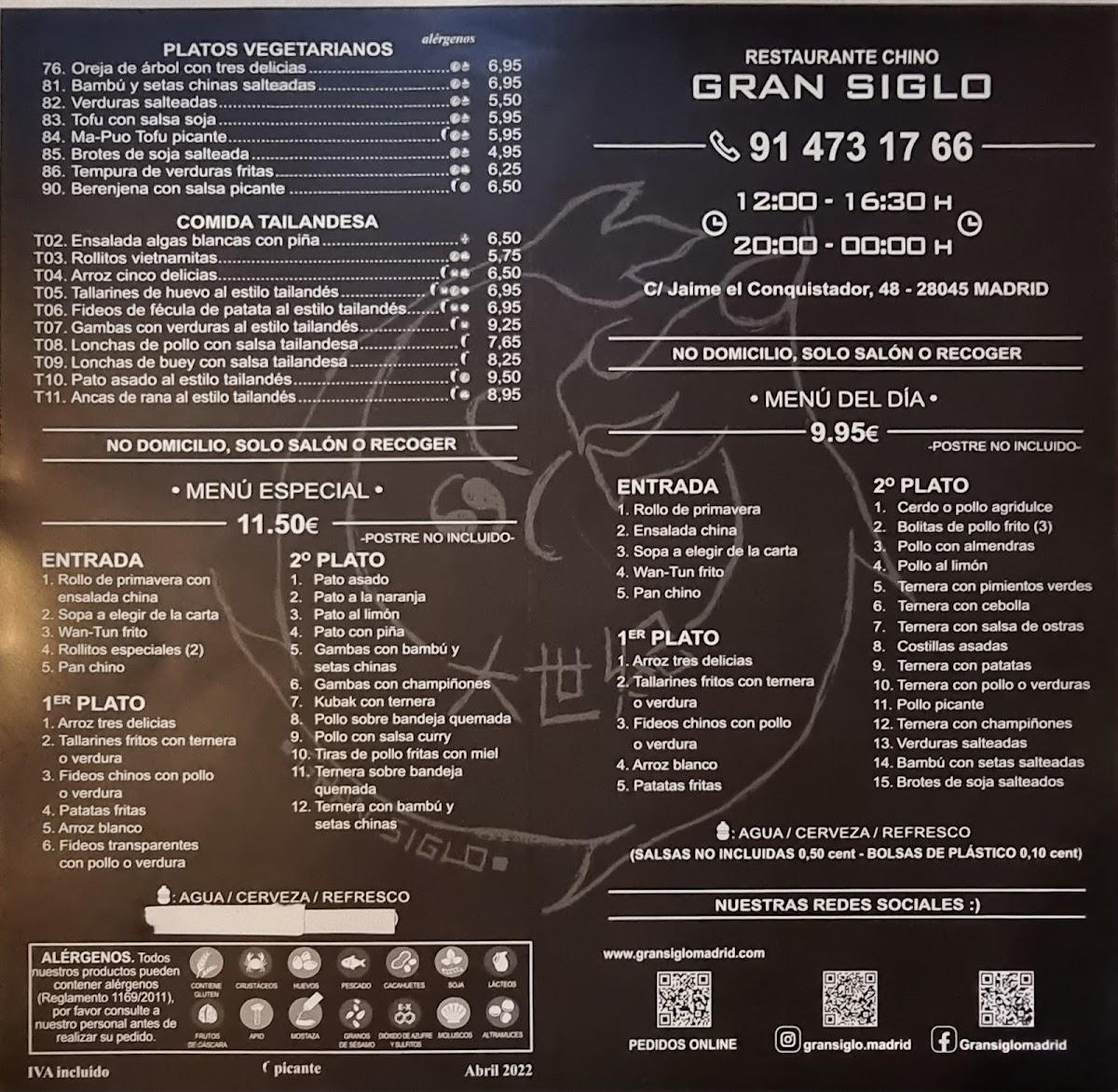 Carta de Restaurante chino Gran Siglo, Madrid, Calle de Jaime I El ...