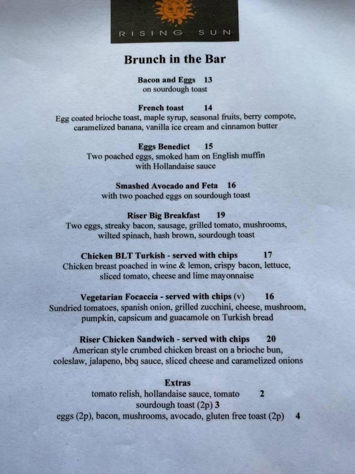 Menu at Rising Sun Hotel restaurant, Bendigo