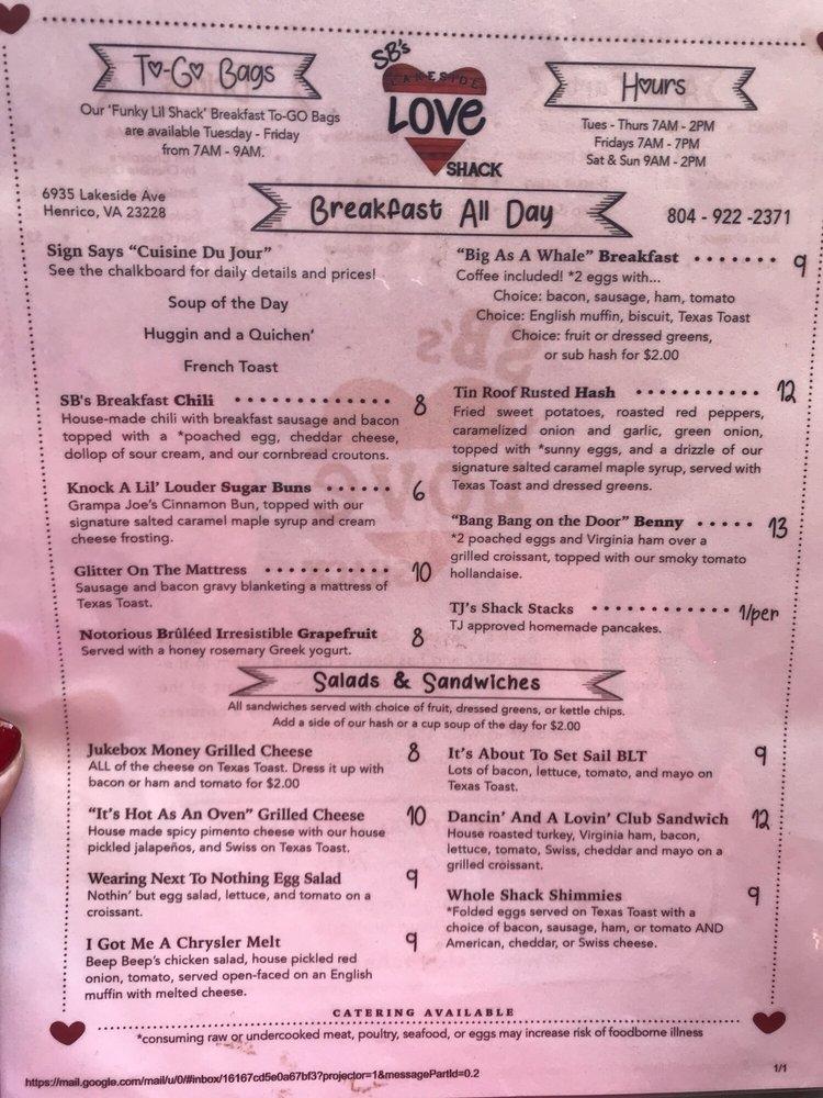 Menu at SB's Lakeside Love Shack restaurant, Richmond