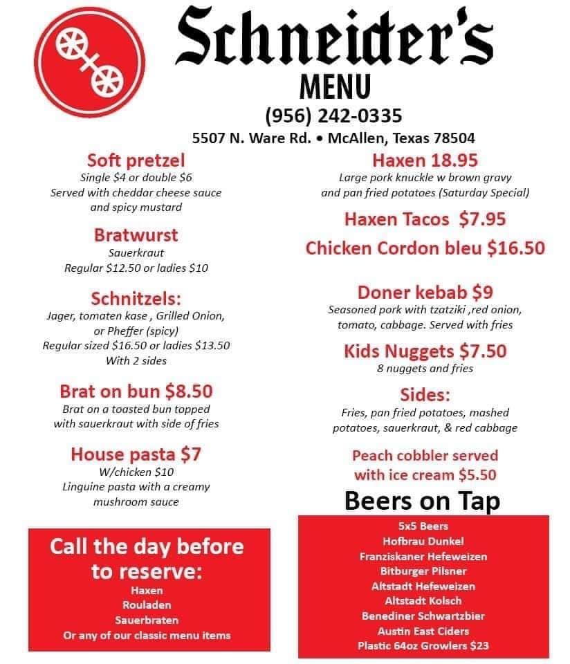 Menu at Schneider's Restaurant and Beer Garden, McAllen